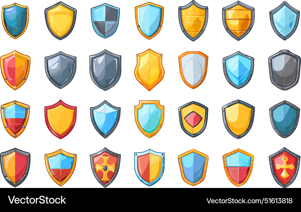 Cartoon shields icon set simple Royalty Free Vector Image