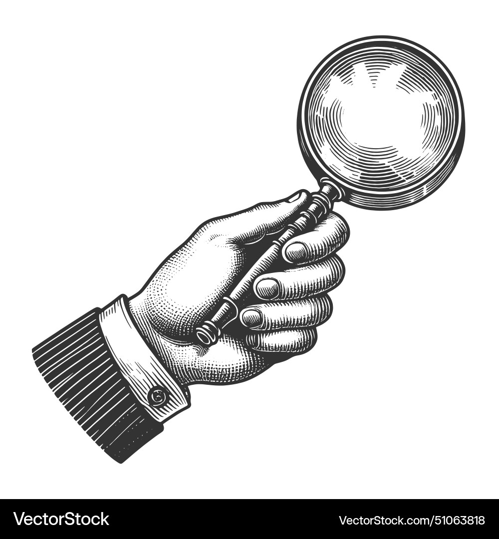 Hand holding magnifying glass engraving Royalty Free Vector
