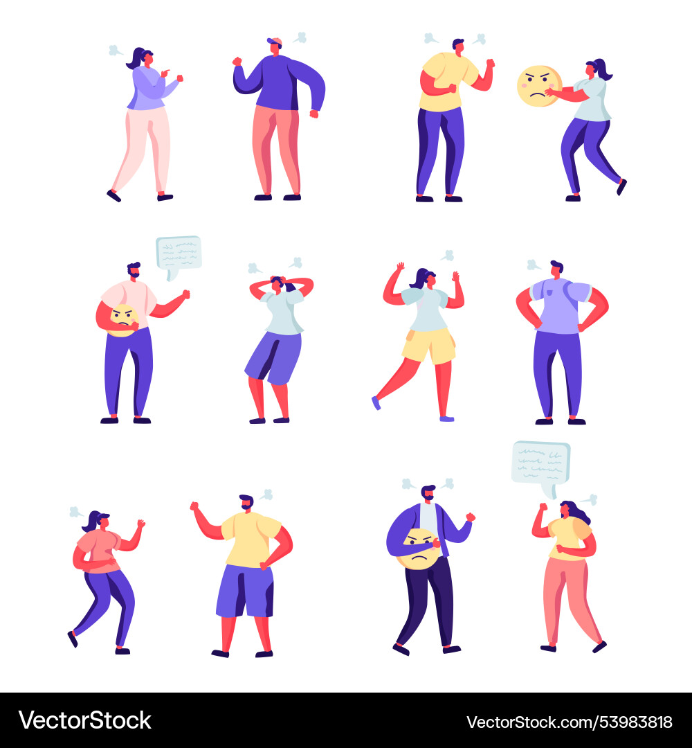Set of flat people angry expression characters Vector Image
