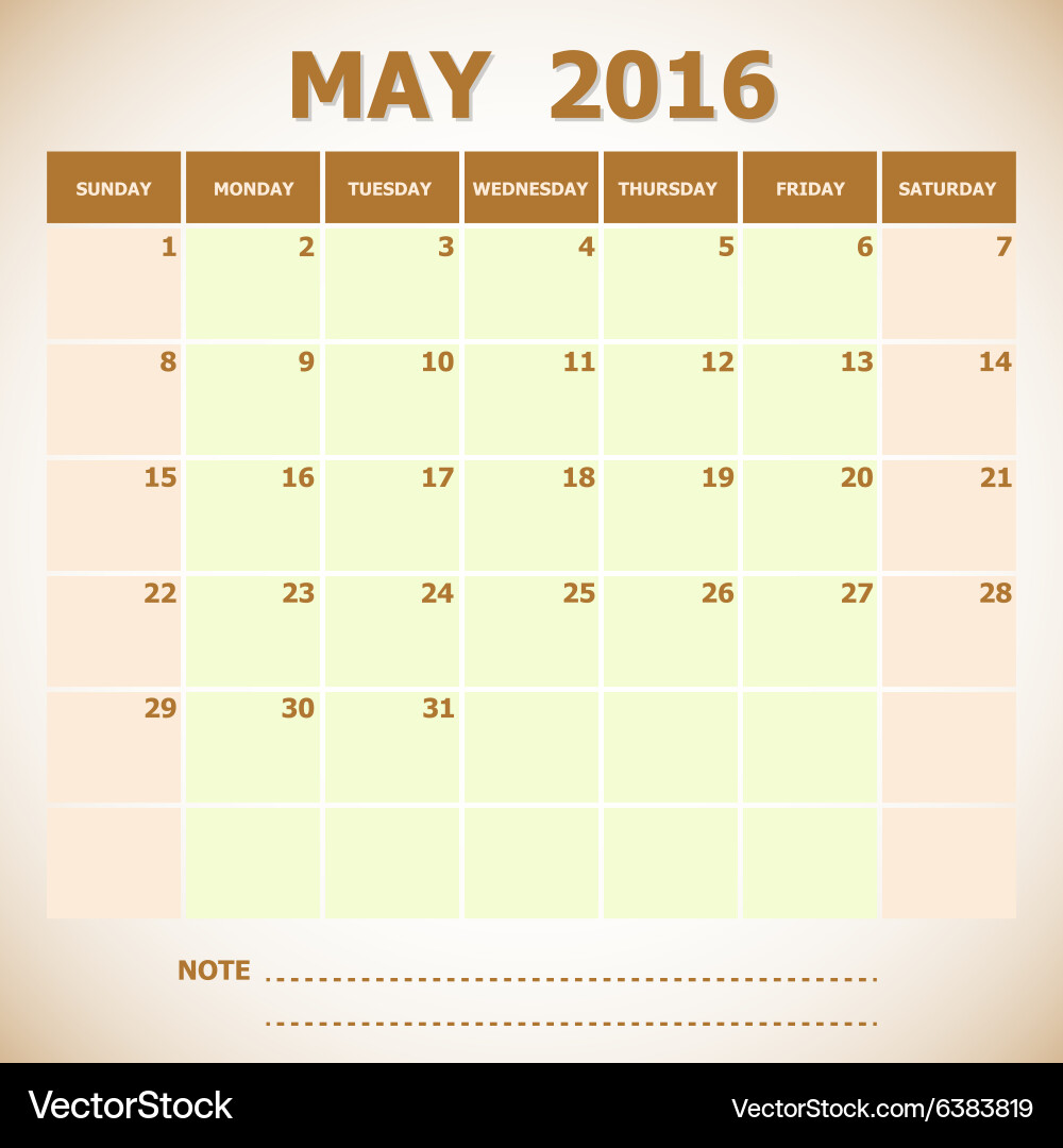 Calendar may 2016 week starts sunday Royalty Free Vector