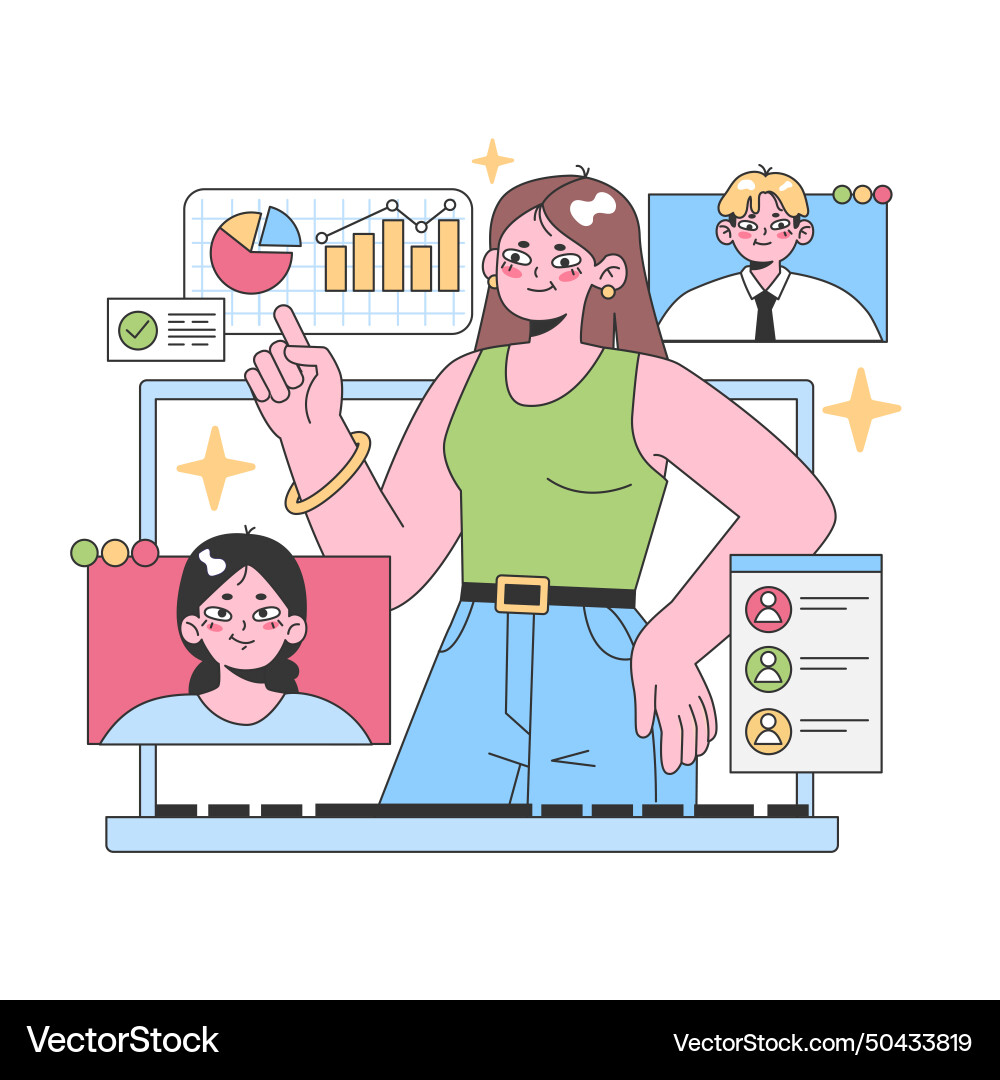 Confident woman multitasks with digital screens Vector Image