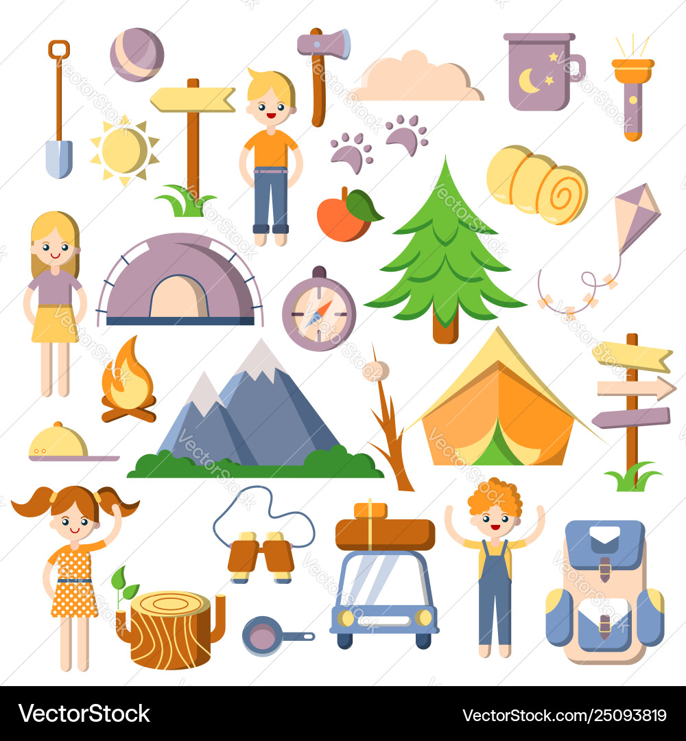 Summer kids camping flat cartoon set Royalty Free Vector