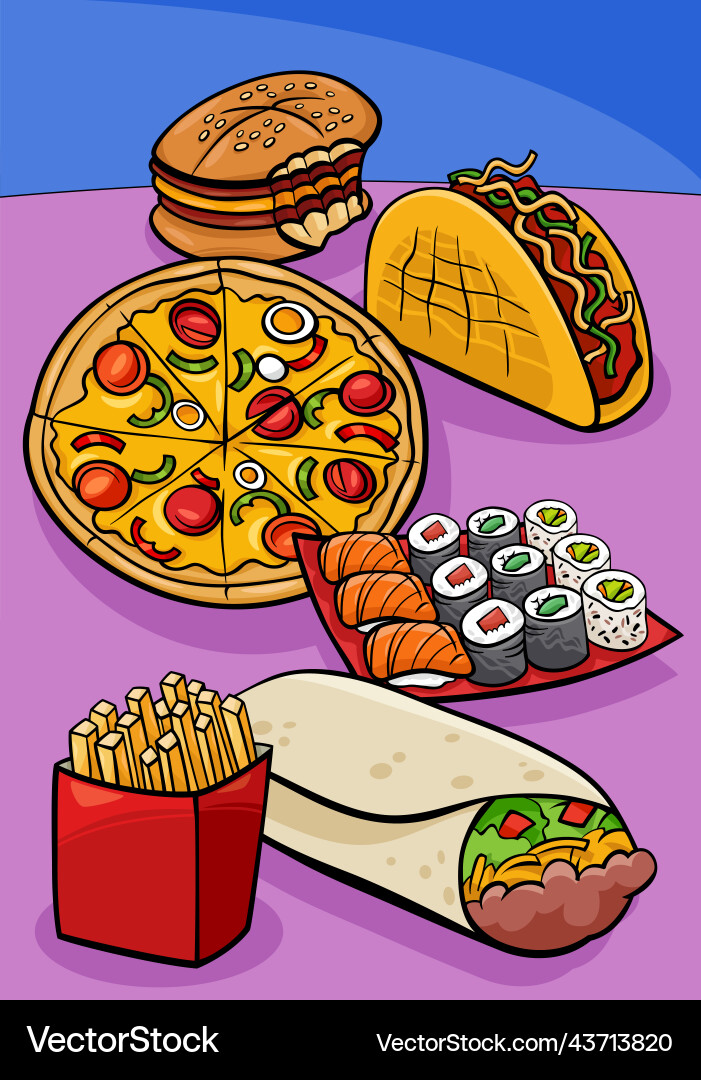 Food objects and dishes group cartoon Royalty Free Vector
