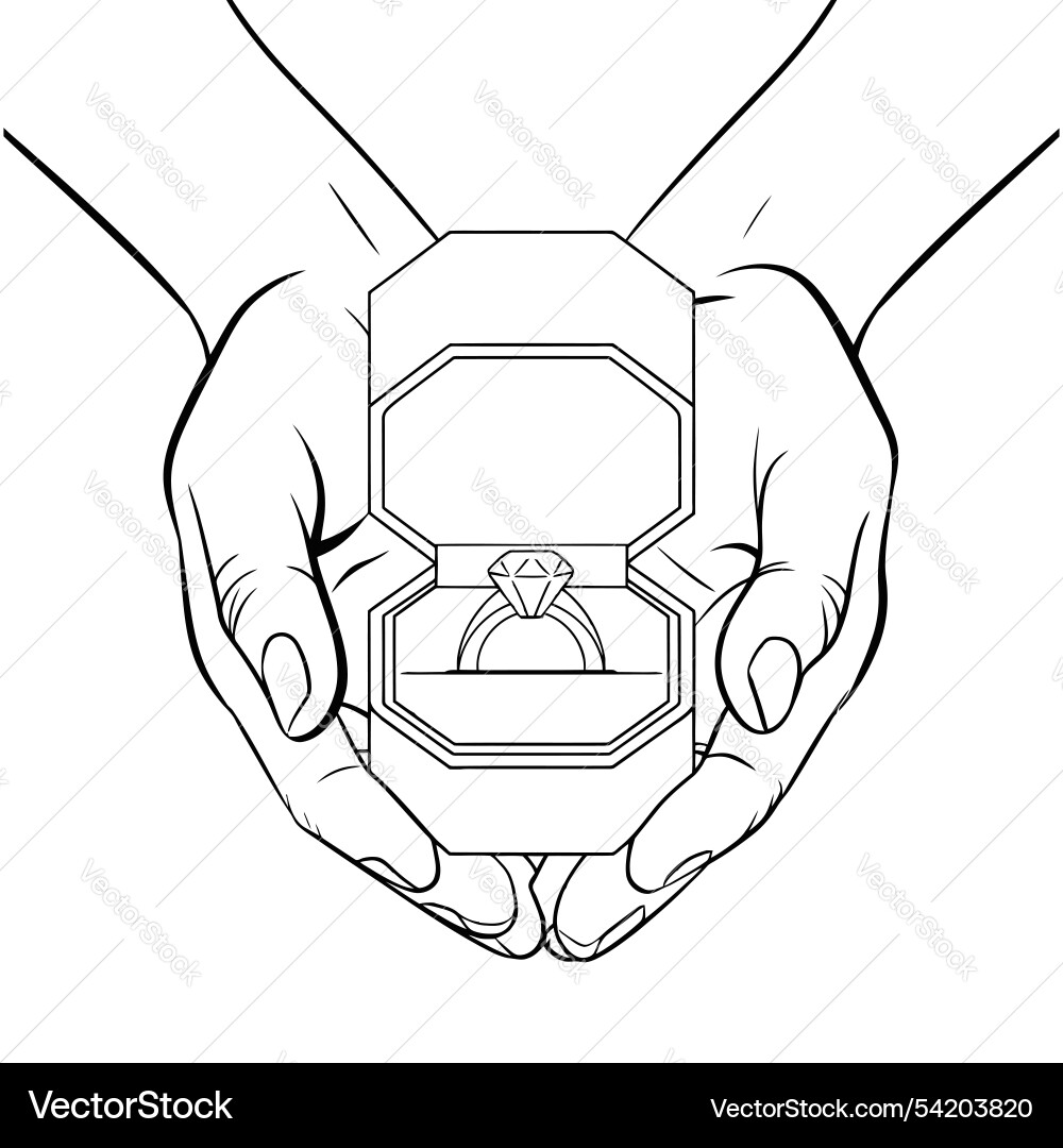 Hands holding open diamond ring case Royalty Free Vector