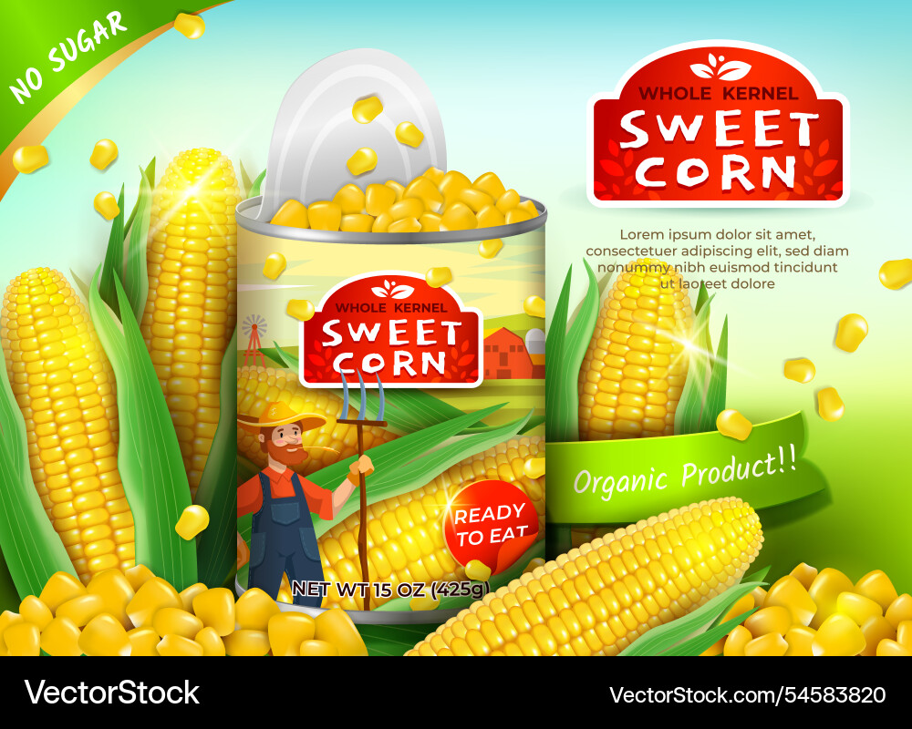 Realistic detailed 3d organic canned corn ads Vector Image