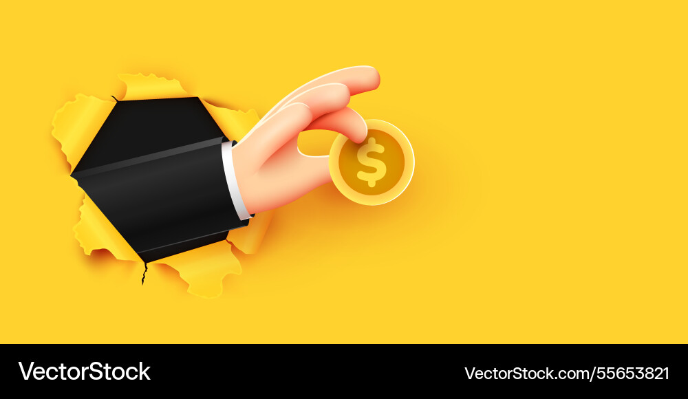 3d cartoon hand holding golden dollar coin through