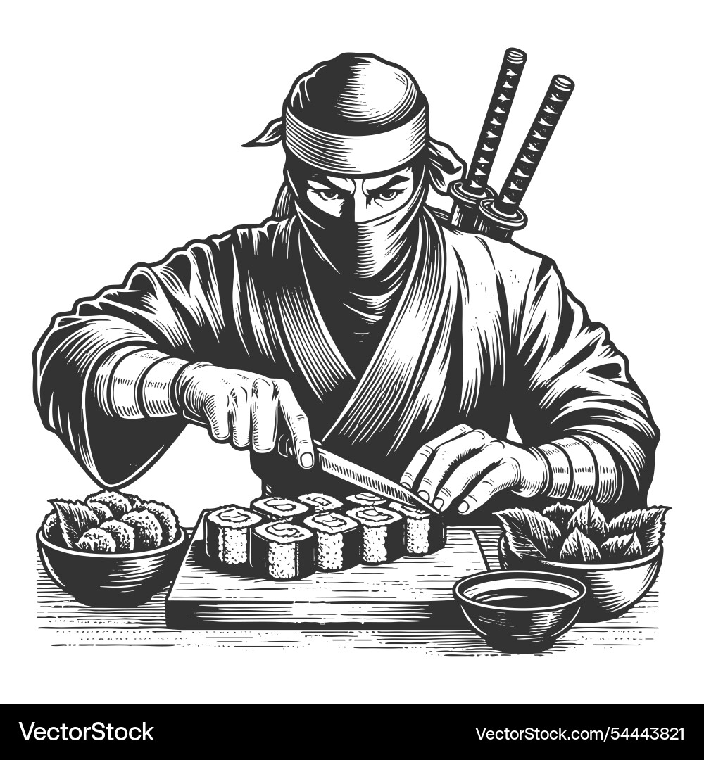 Ninja chef preparing sushi rolls engraving Vector Image