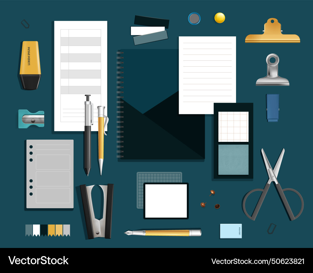 Office items realistic set Royalty Free Vector Image