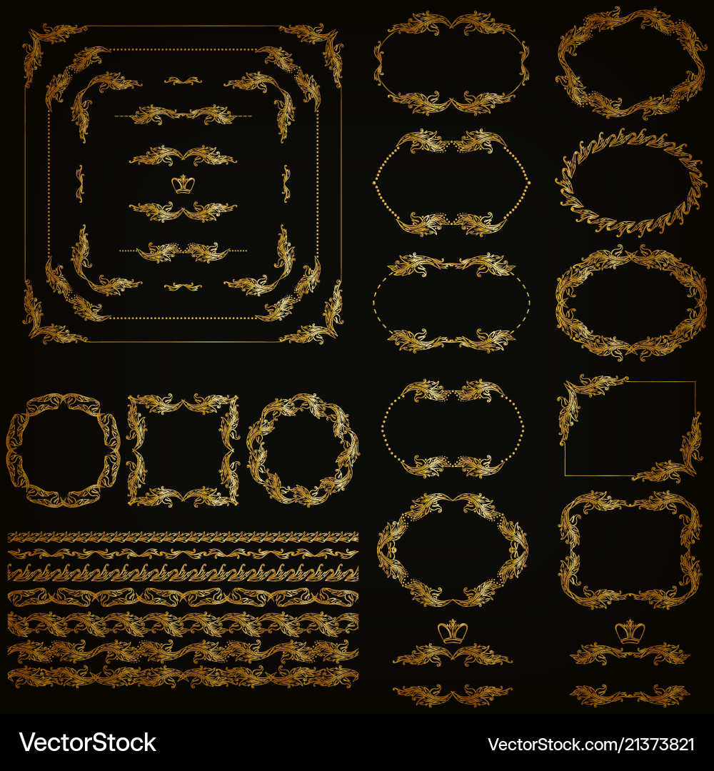 Set of gold decorative hand-drawn floral elements Vector Image