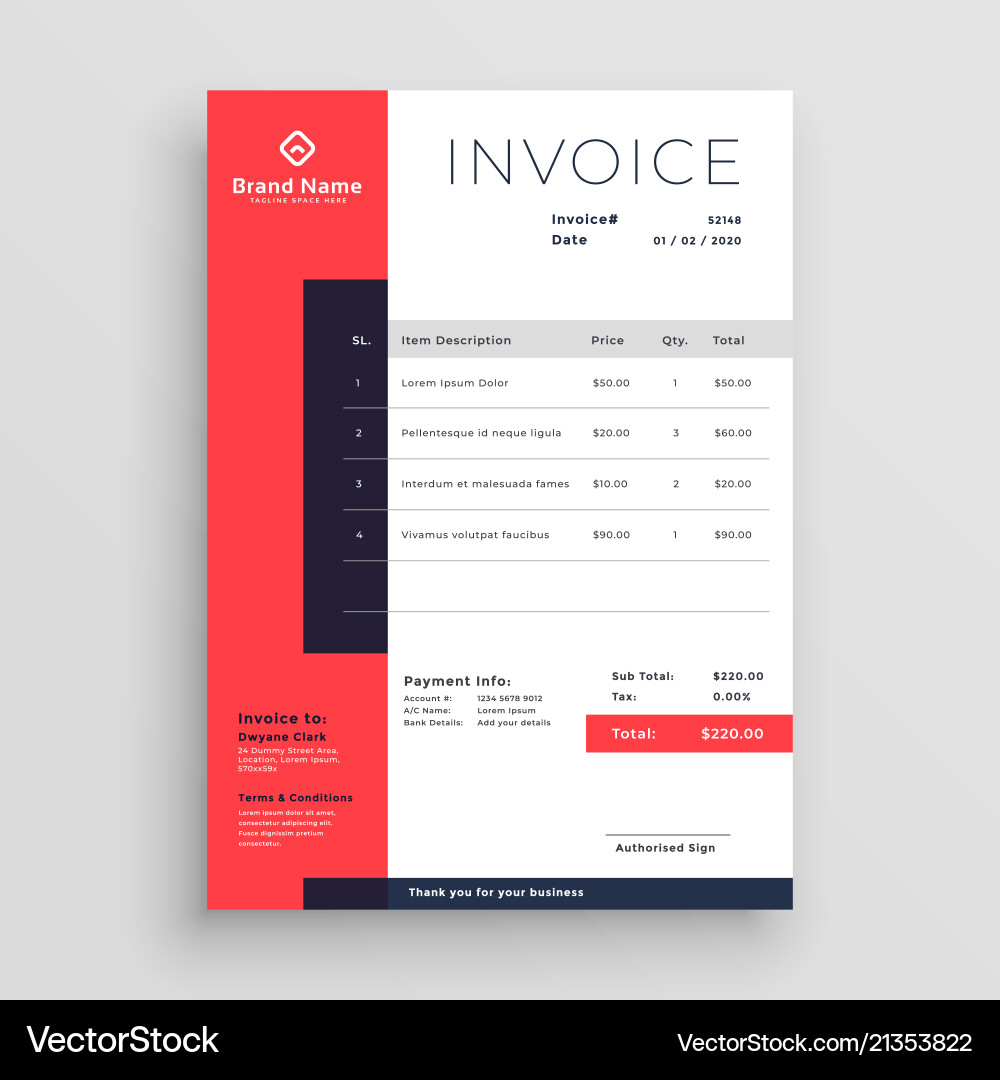 Red business invoice template design Royalty Free Vector