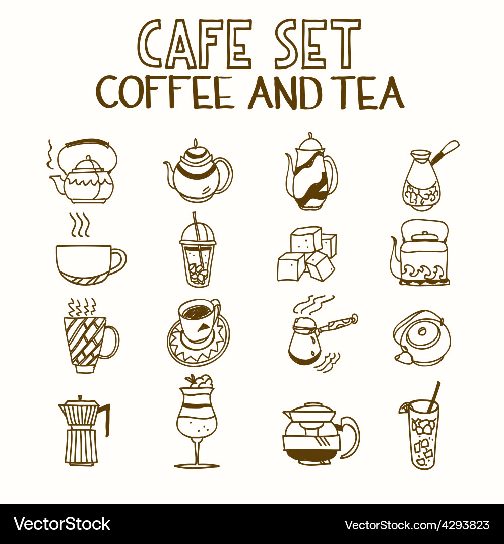 Cafe doodle set coffee and tea morning breakfast Vector Image