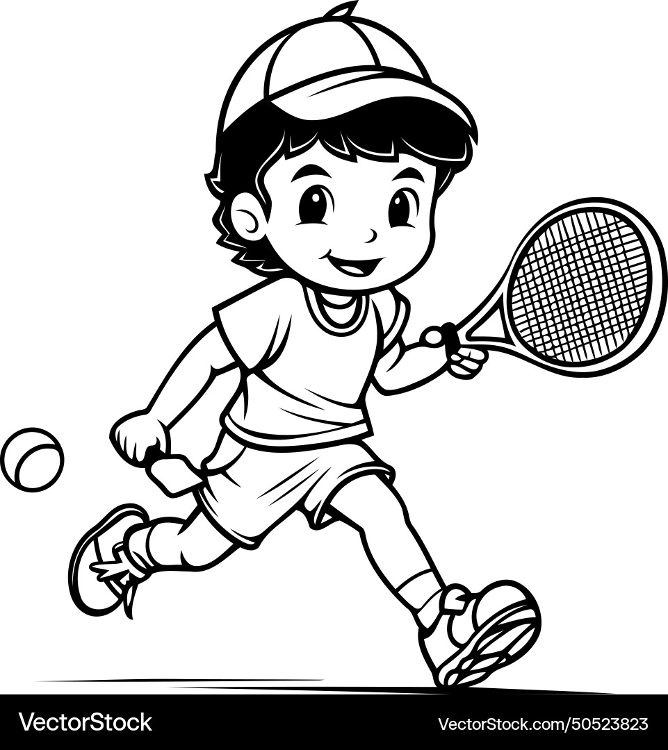 Little boy playing tennis - black and white Vector Image