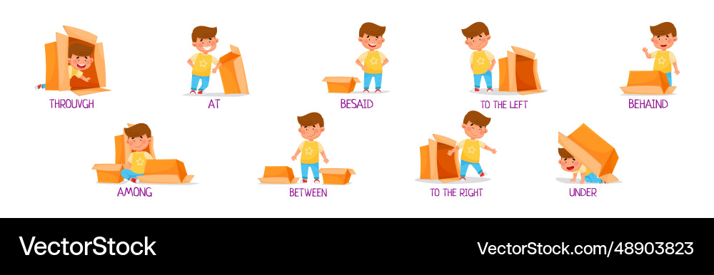 Little boy with carton box as prepositions Vector Image