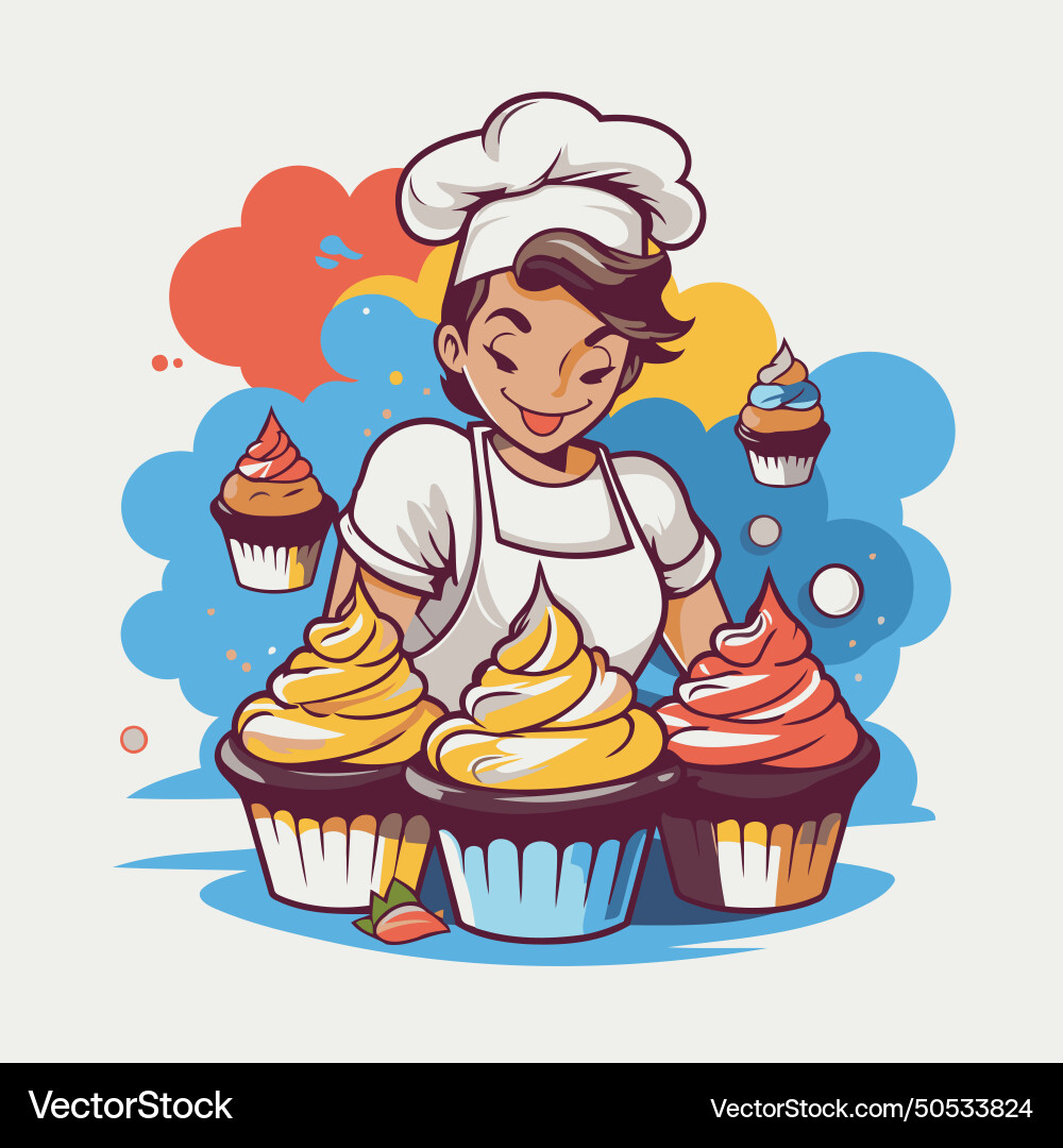 A cartoon chef with cupcakes Royalty Free Vector Image