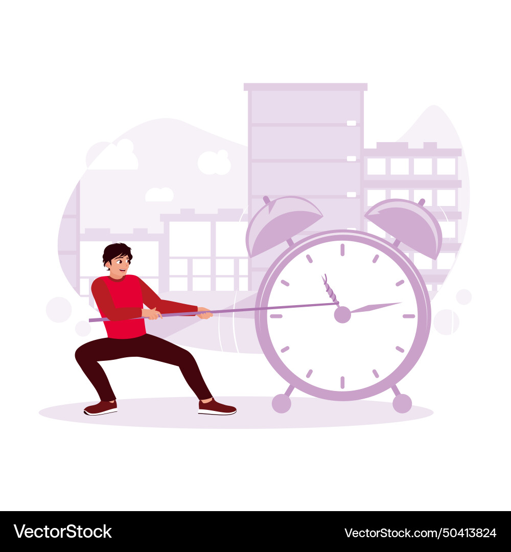 Businessman pulls the clocks hand tightly office Vector Image