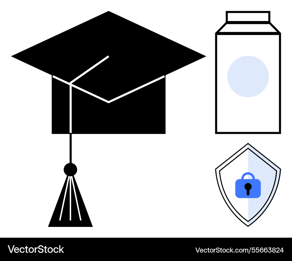 Graduation cap beside milk carton and shield Vector Image