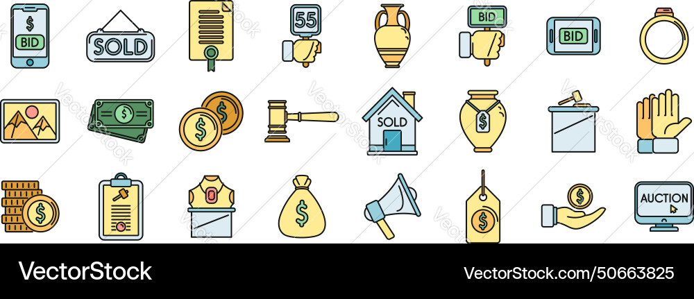 Auction icons set color Royalty Free Vector Image