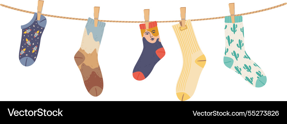Five colorful patterned socks hang Royalty Free Vector Image