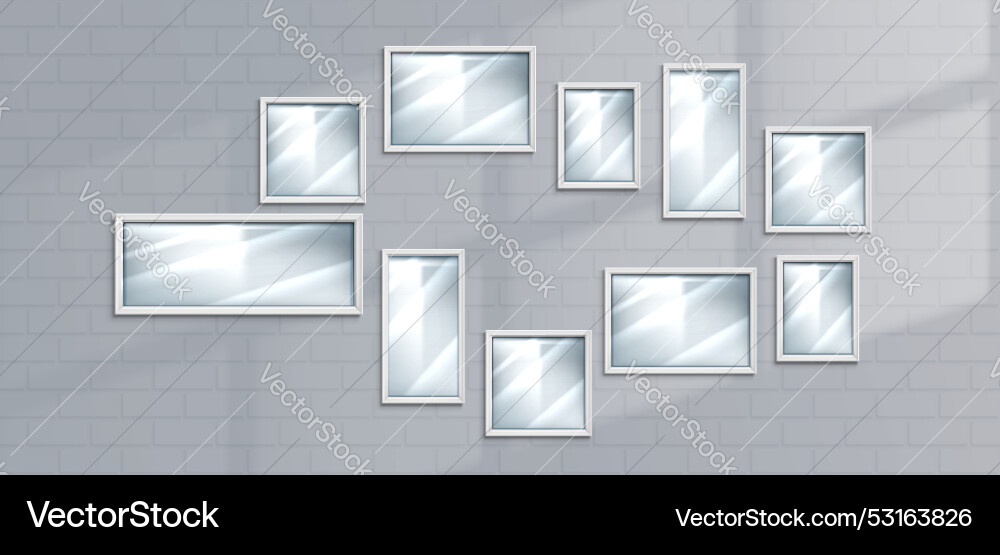 Picture frames on white brick wall Royalty Free Vector Image