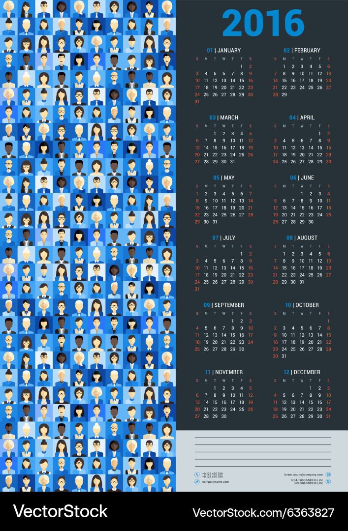 Calendar 2016 design template week starts sunday Vector Image