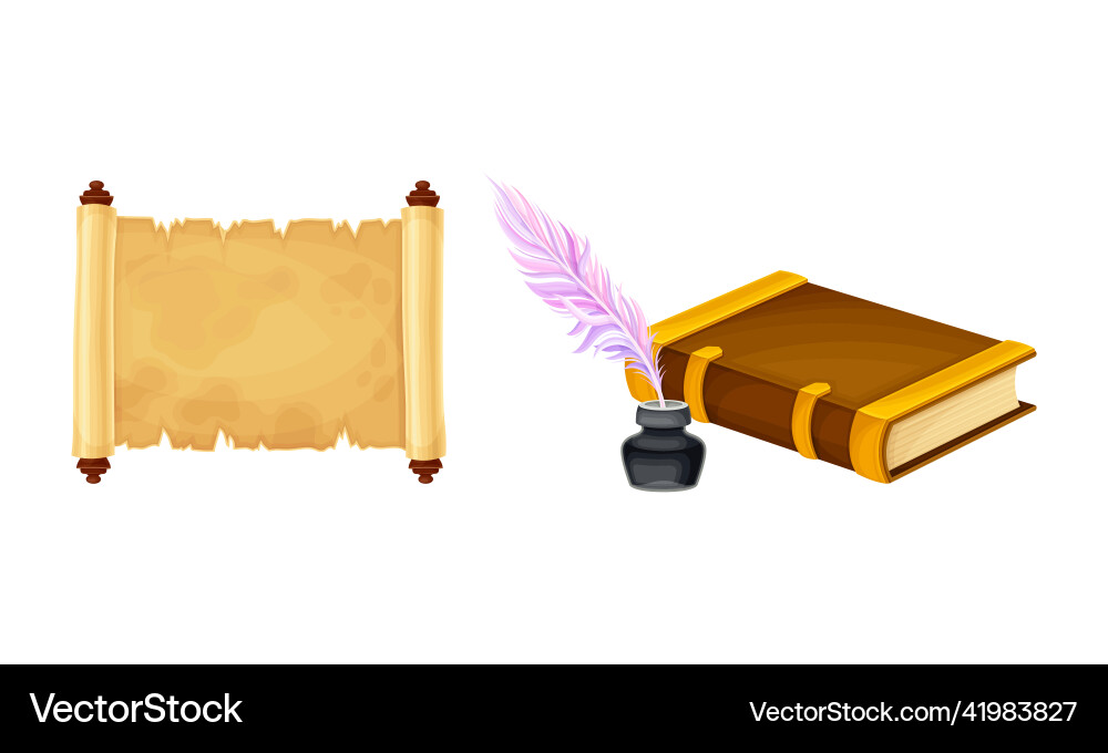 Cartoon Scroll And Quill Feather Quill Pen Writing On An Old Parchment