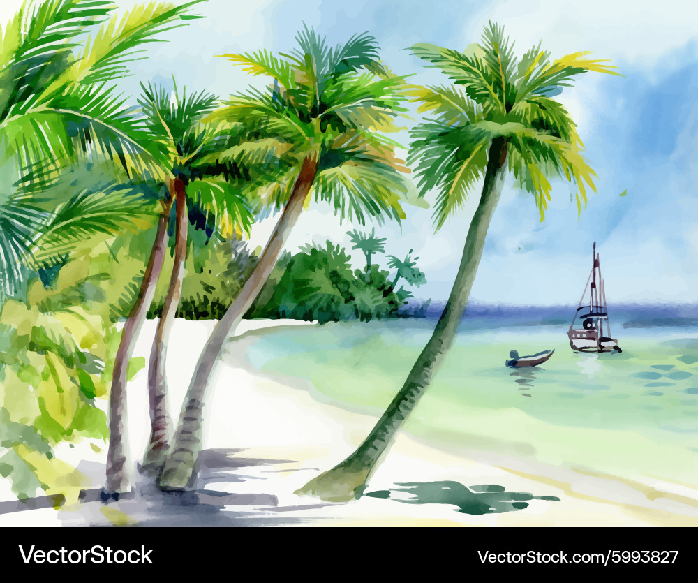 Summer beach with palm trees seagulls and boat Vector Image