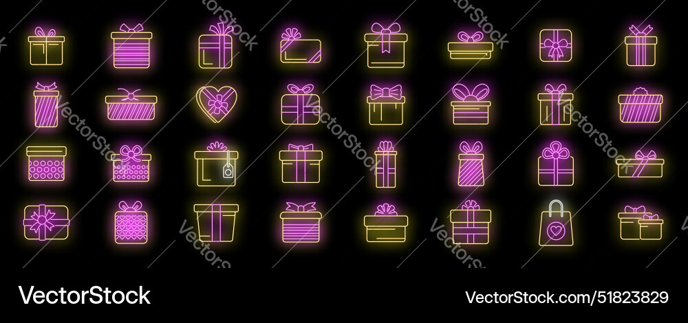Birthday gift icons set neon Royalty Free Vector Image