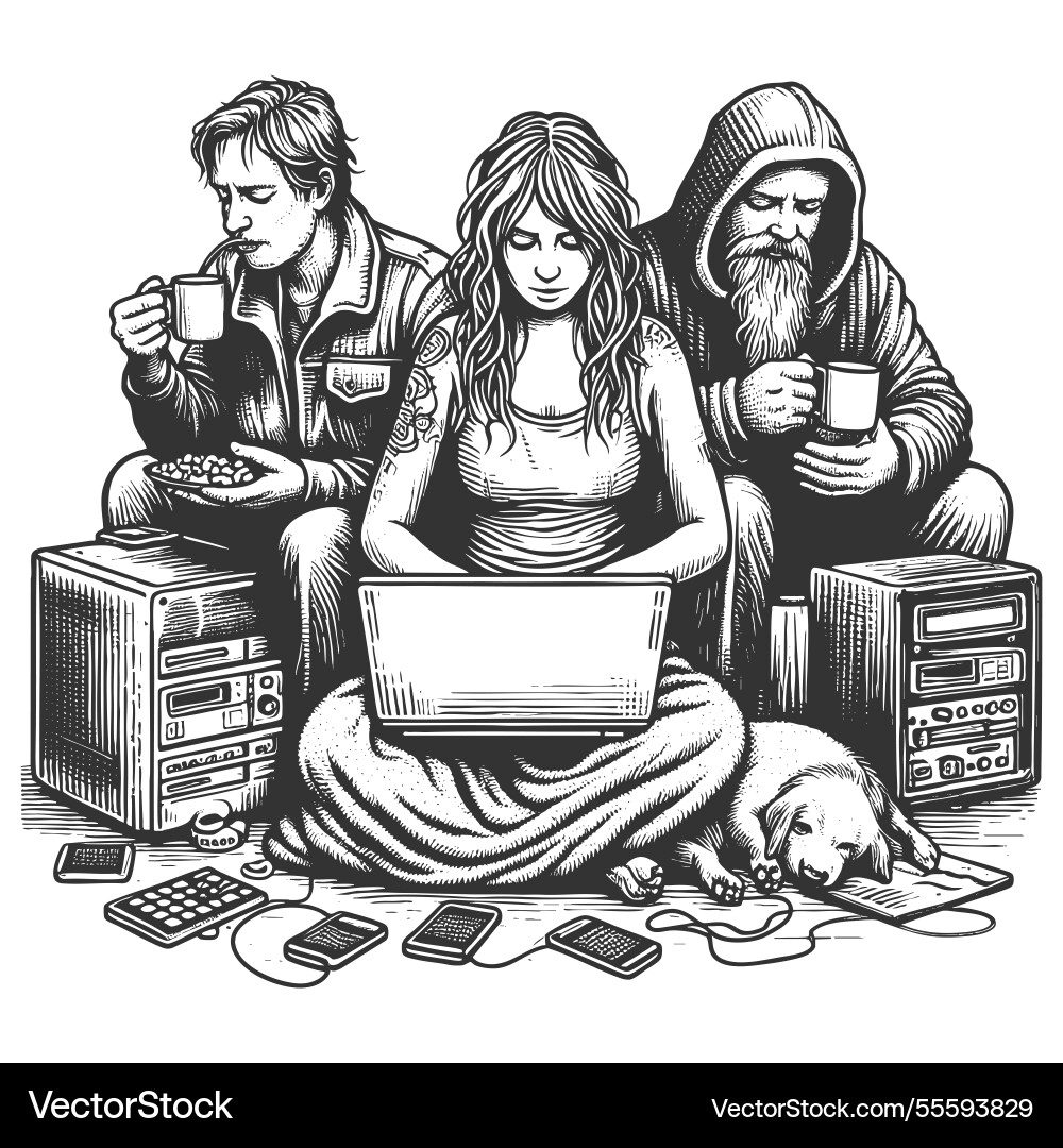 Homeless programmer hacker nomad typing computer Vector Image