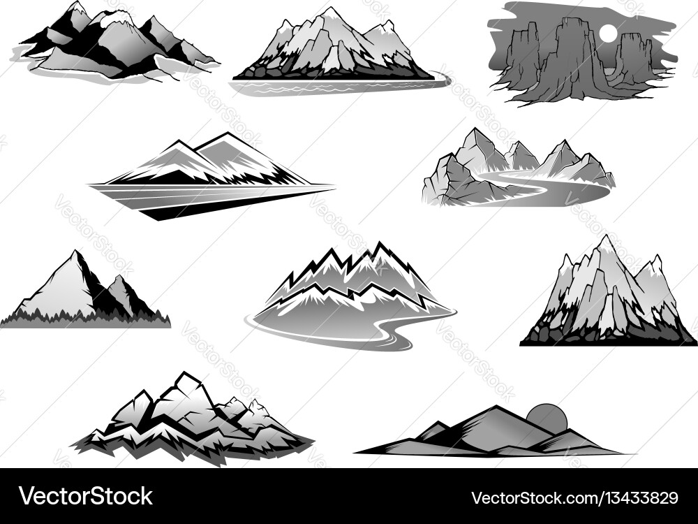 Mountain landscape isolated icon set Royalty Free Vector