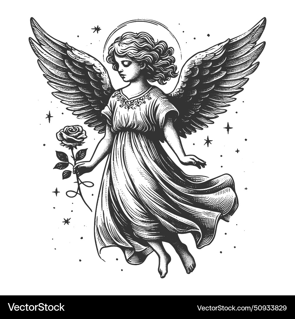 Vintage Angel with Rose Sketch Royalty Free Vector Image