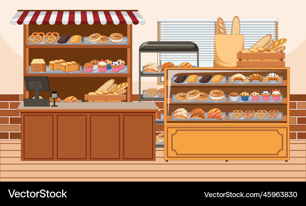 Bakery shop interior with showcase Royalty Free Vector Image