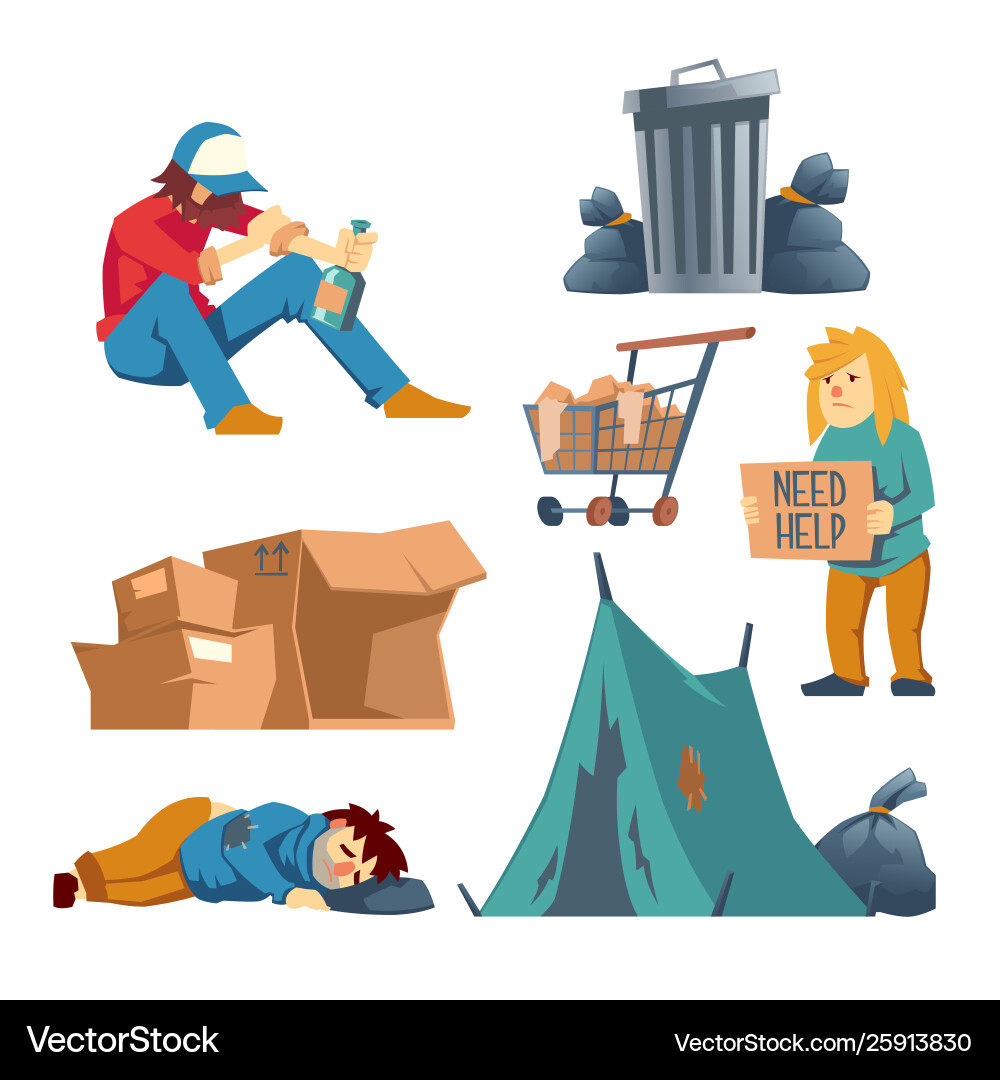 Homeless people cartoon characters set Royalty Free Vector