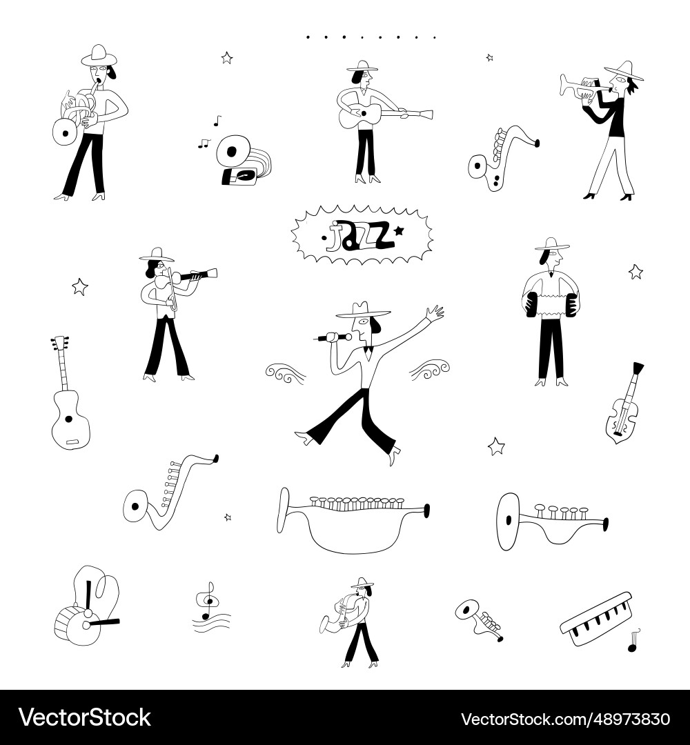 Musical instruments musicians band - doodle set Vector Image