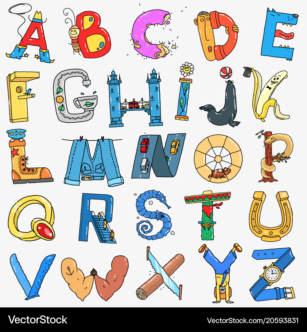 English alphabet cartoon style Royalty Free Vector Image
