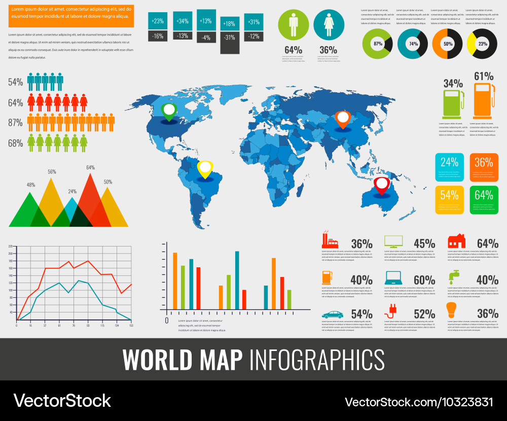 Infographic elements with world map and charts Vector Image