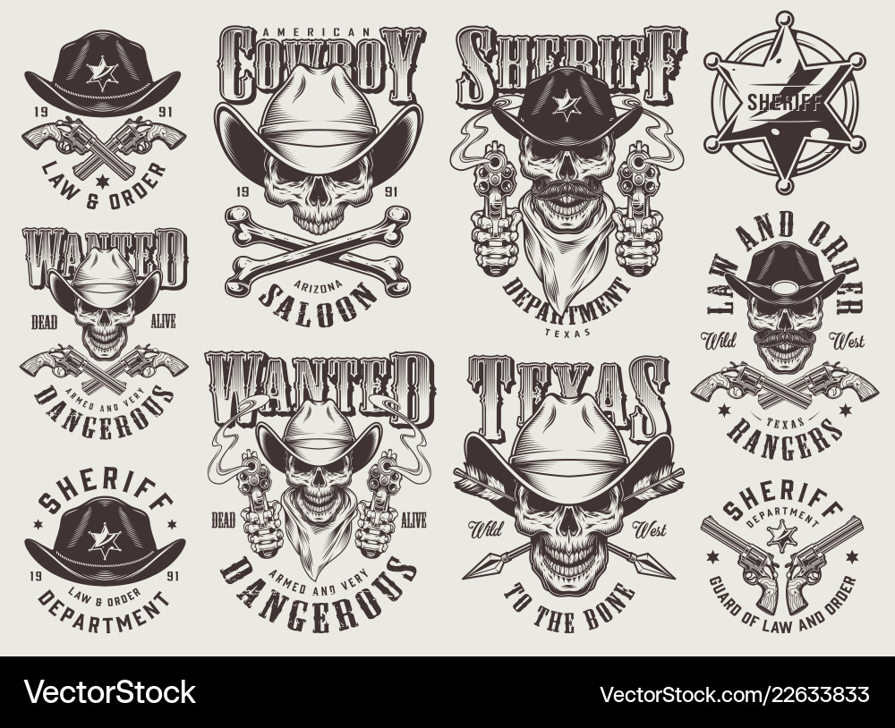 Vintage monochrome wild west labels set Royalty Free Vector