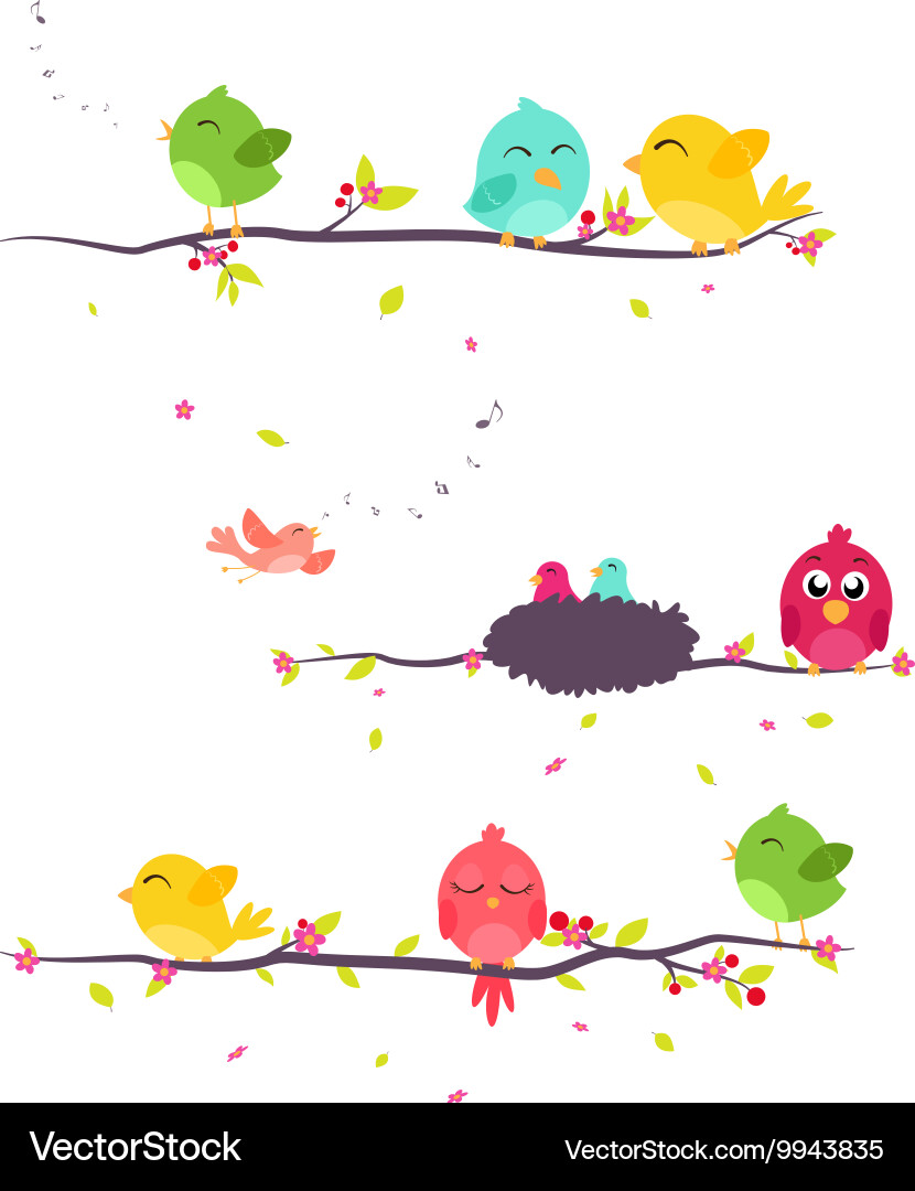 Colorful birds on beautiful trees Royalty Free Vector Image