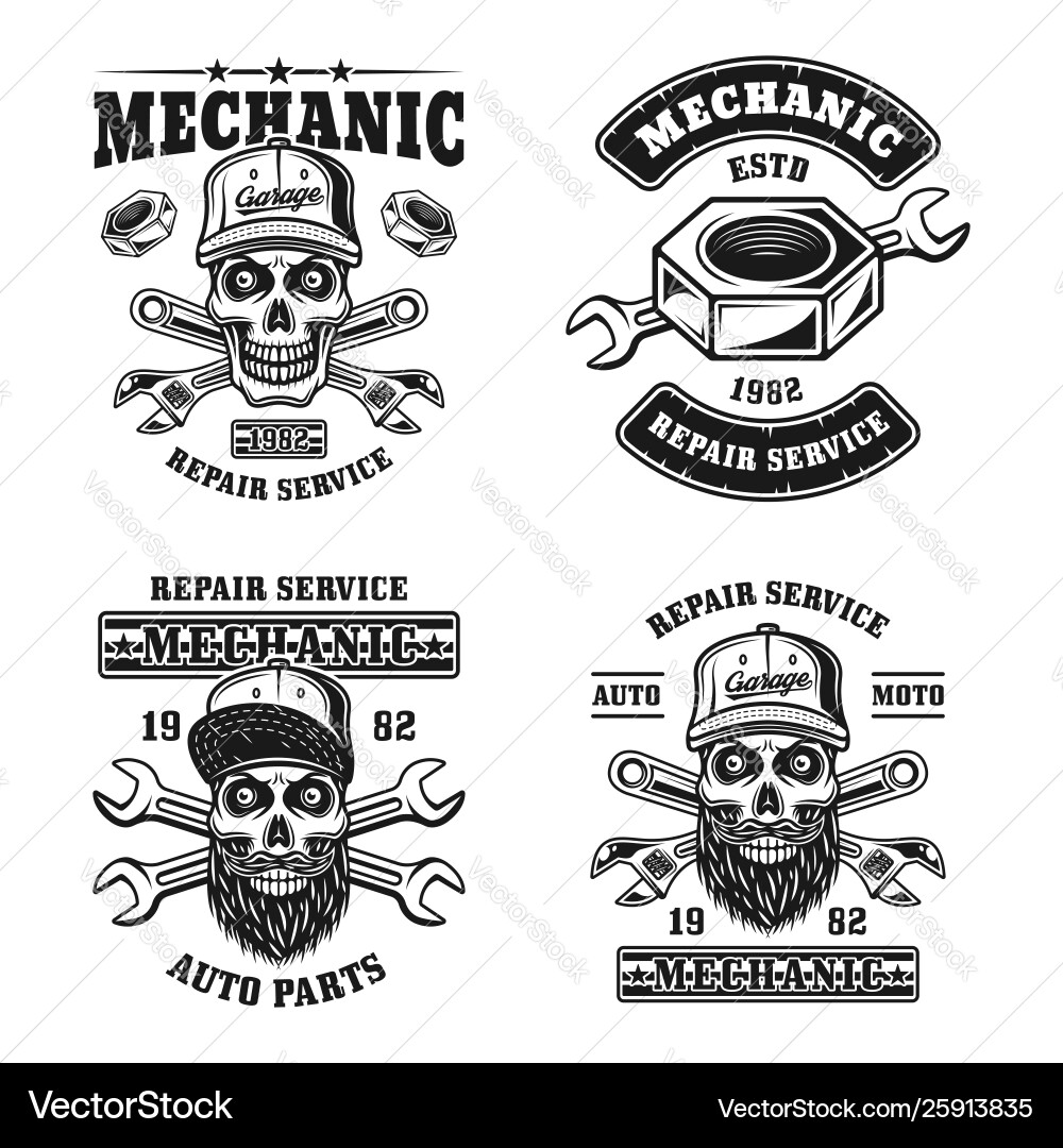 Repair service and mechanic set emblems Royalty Free Vector