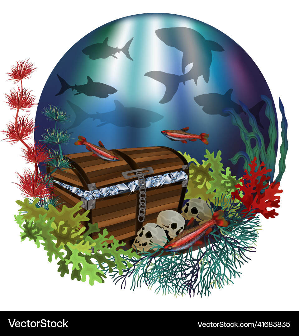 Underwater card with treasure chest diamonds Vector Image