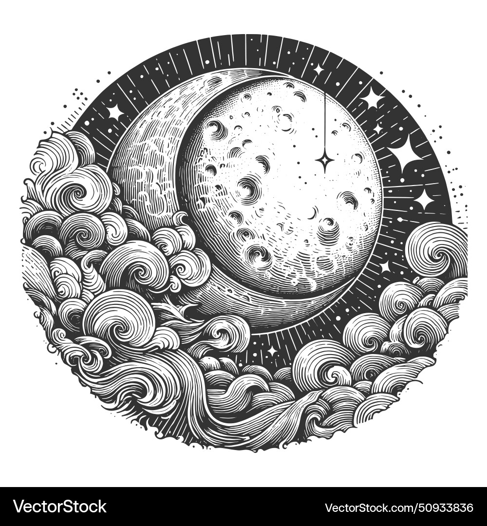 Celestial moon engraving Royalty Free Vector Image