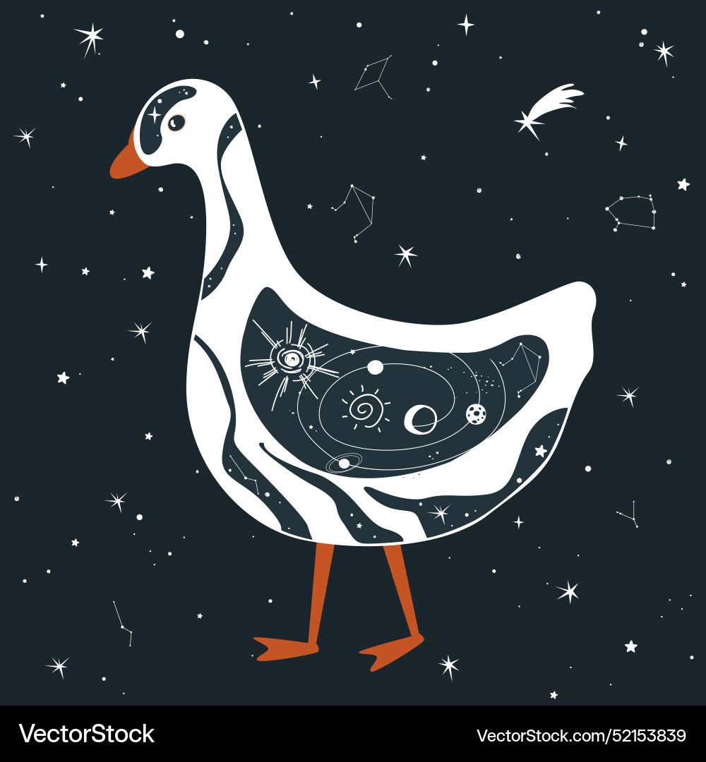 Abstract painted goose with solar symbols on space