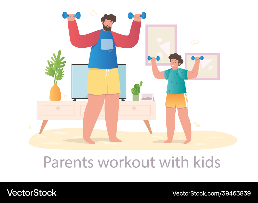 Cute male character is doing workout with his Vector Image