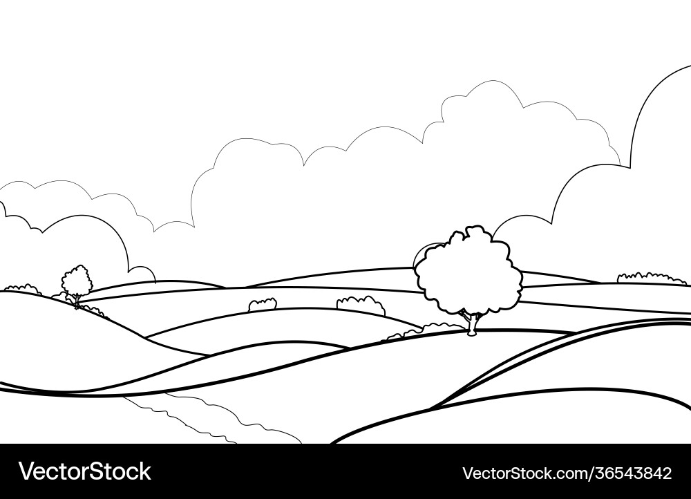 Line art drawing summer fields landscape Vector Image