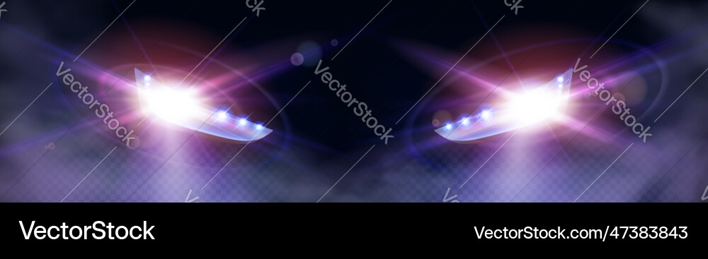 Realistic car headlight flare with smoke at night Vector Image