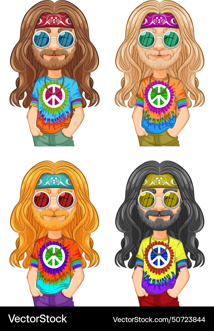 Four hippie characters with vibrant tie-dye Vector Image