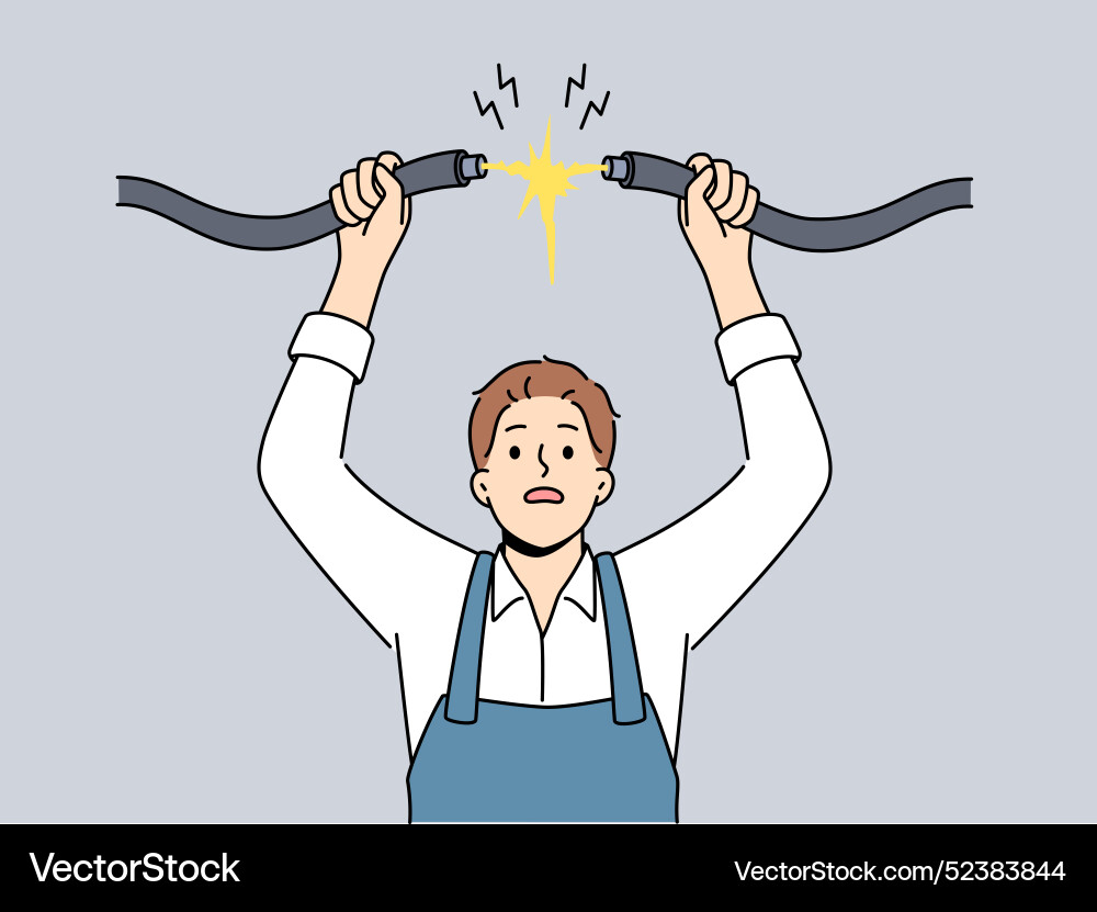 Man electrician connects high-voltage wire Vector Image