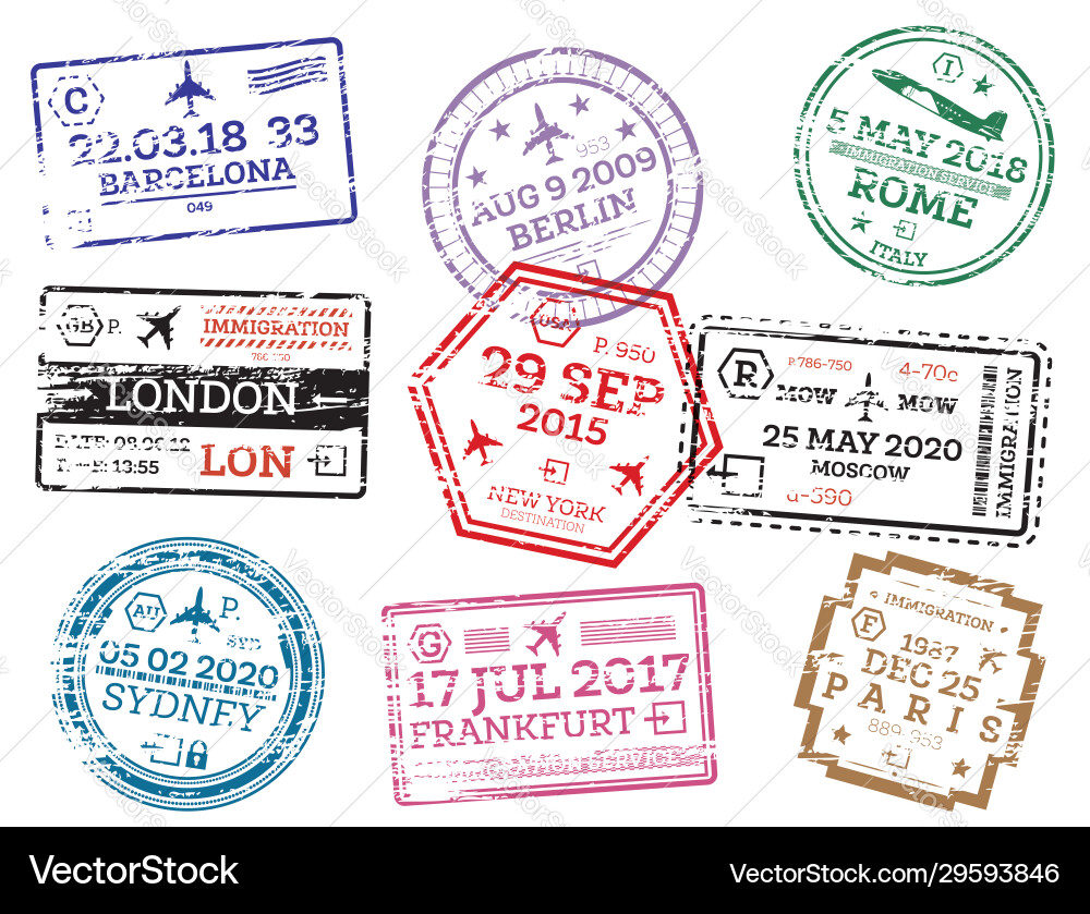 Collection passport stamps isolated on white Vector Image
