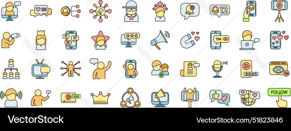 Influencer icons set color line Royalty Free Vector Image