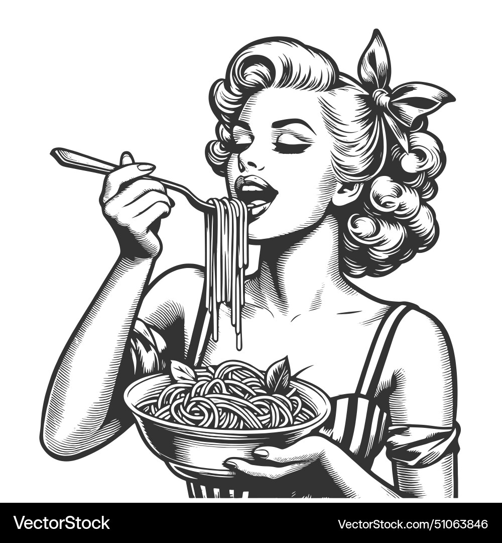 Lady eat spaghetti engraving Royalty Free Vector Image