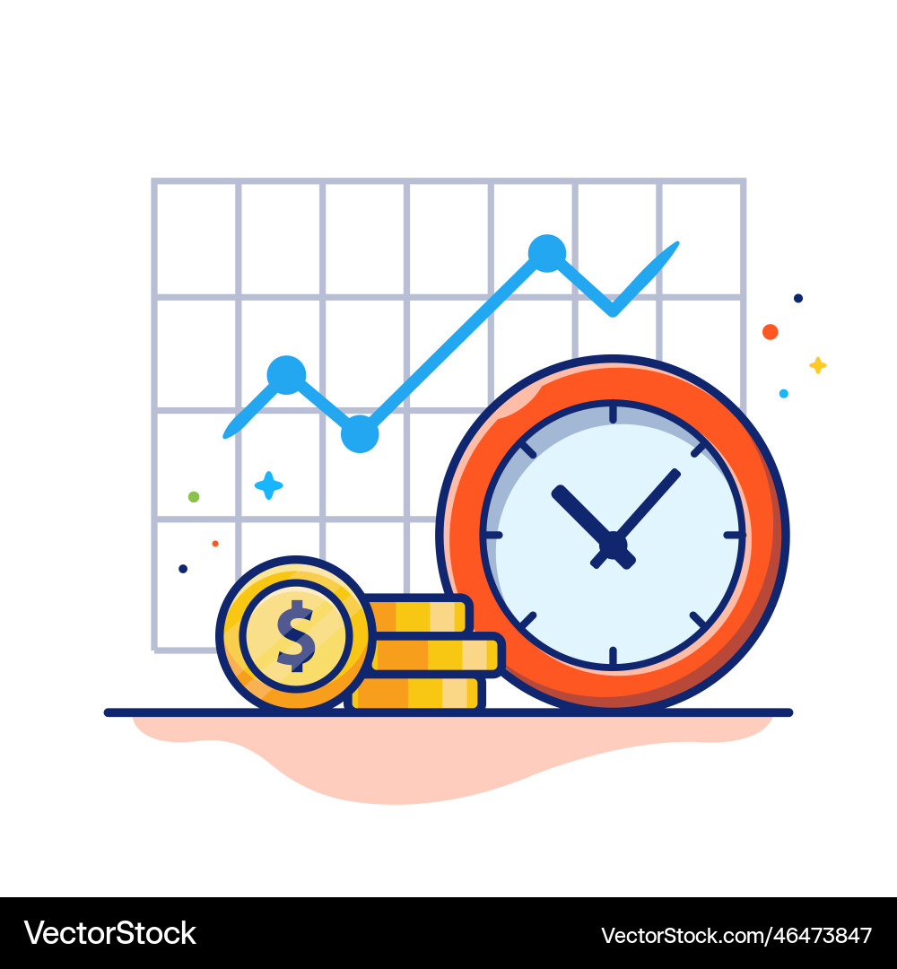 Clock with gold coin and graph statistic cartoon Vector Image